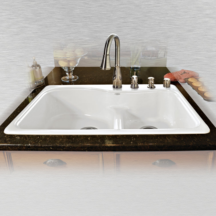 CECO Windansea 22'' W Double Bowl Cast Iron Drop-In Kitchen Sink with 4 ...