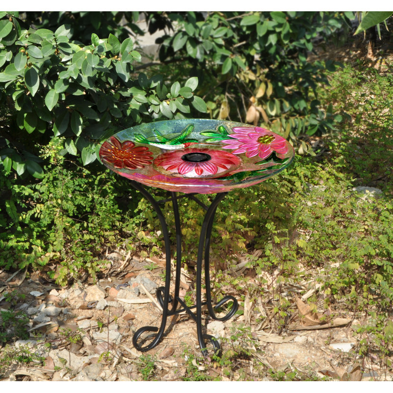 Hi-Line Gift Ltd. Floral Glass Hummingbird Solar Birdbath with Stand ...