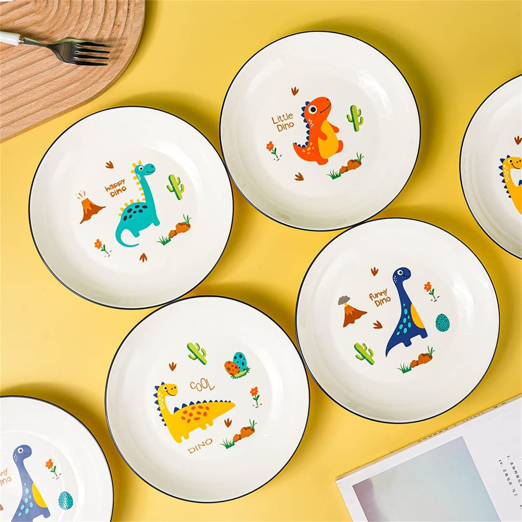 Kudos Ceramic Funny Dino Plates 8 Inch, Porcelain Cute Cartoon Dinosaur ...