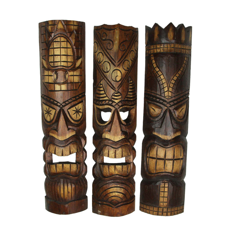 Bayou Breeze 3 Piece Carved Wood Tiki God Masks Wall Décor Set | Wayfair
