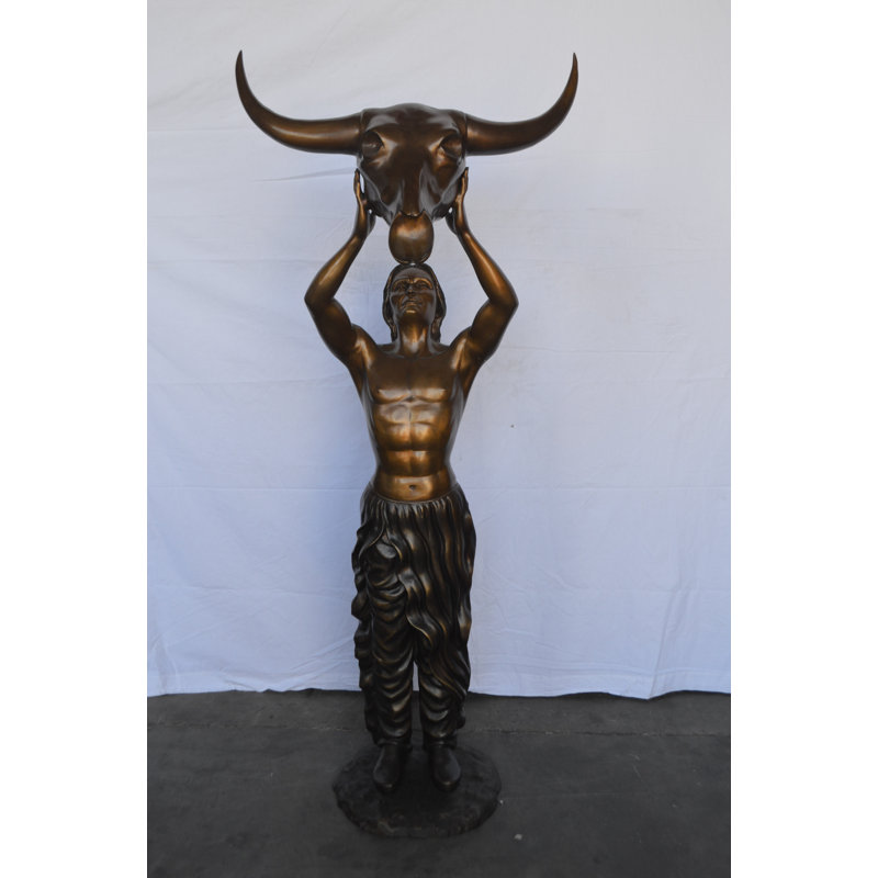 Nifao Statues Indian Man Holds A Buffalo Skull Bronze Statue -Size: 29 ...