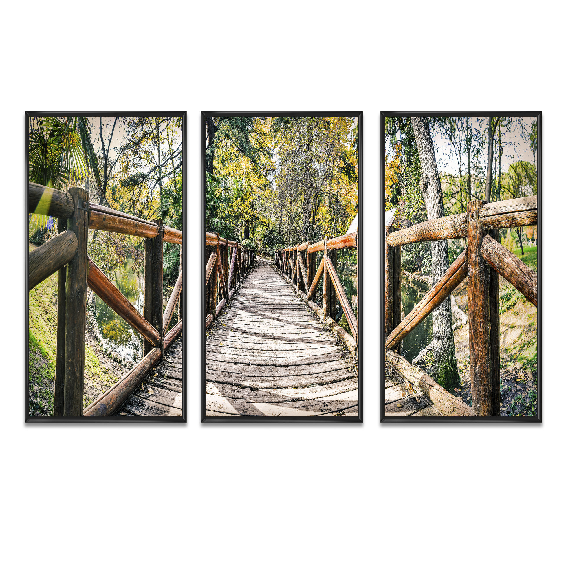 Millwood Pines Wooden Bridge In Forest - 3 Piece Photograph on | Wayfair