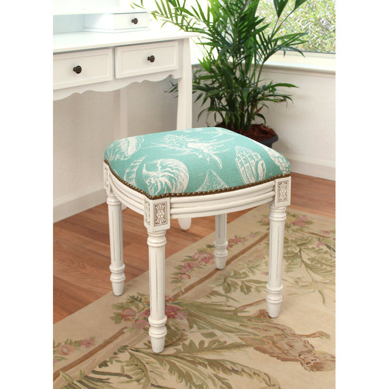 Highland Dunes Toscano Seashells Linen Solid Wood Vanity Stool ...
