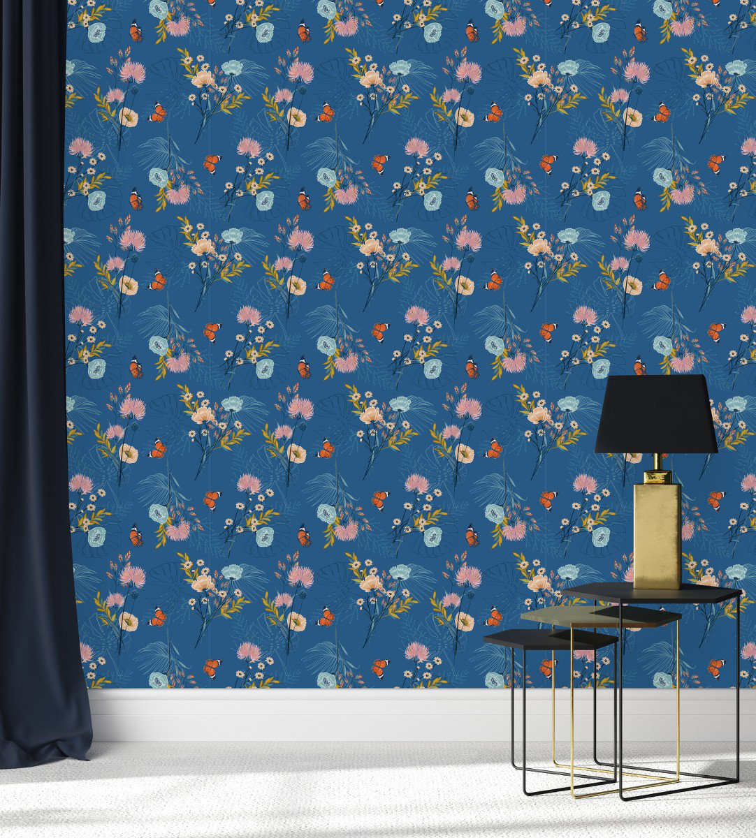 Red Barrel Studio® Blue Floral Wallpaper With Butterflies Wallpaper ...
