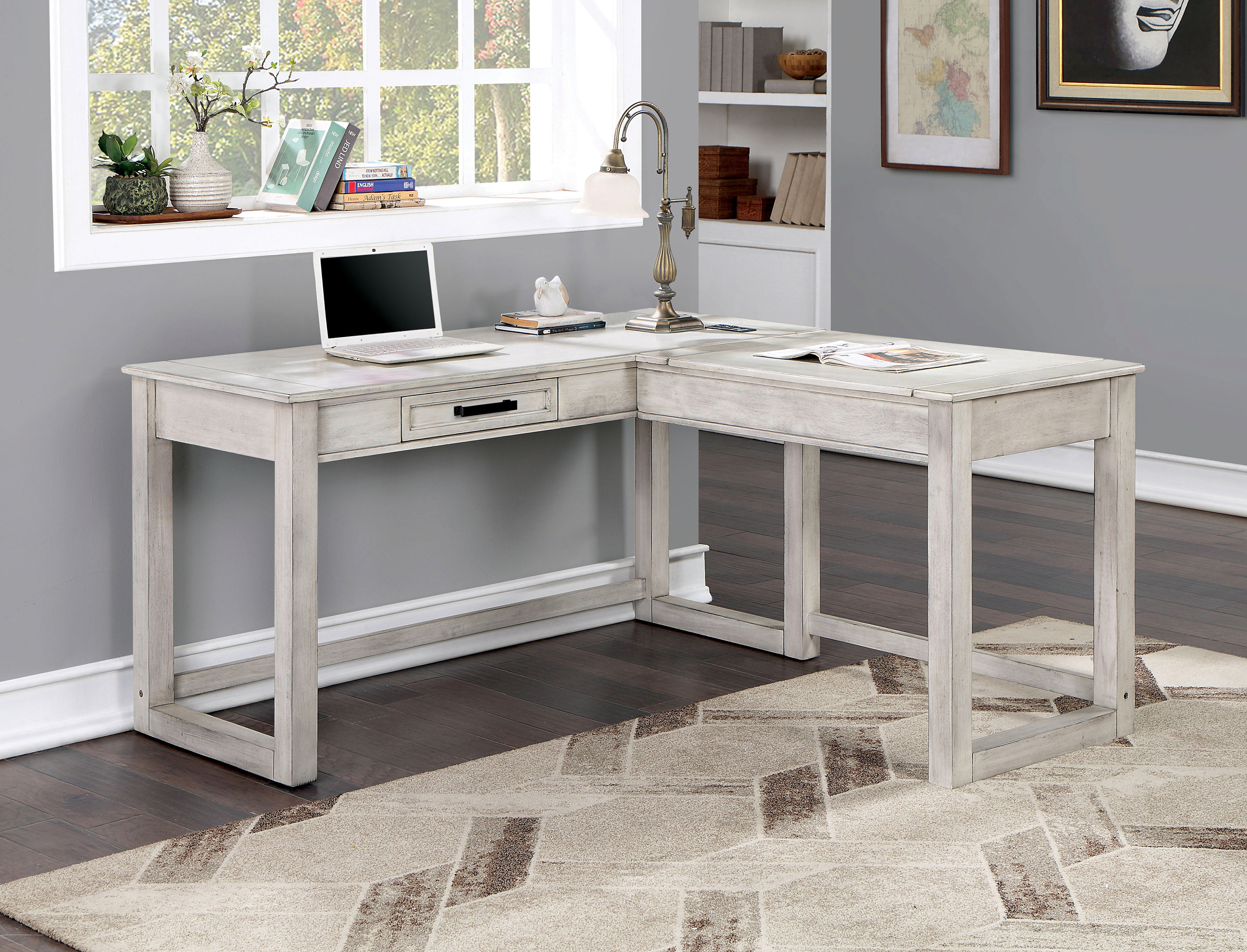 Gracie Oaks Ledon Height Adjustable L-Shaped Desk with Built in Outlets ...