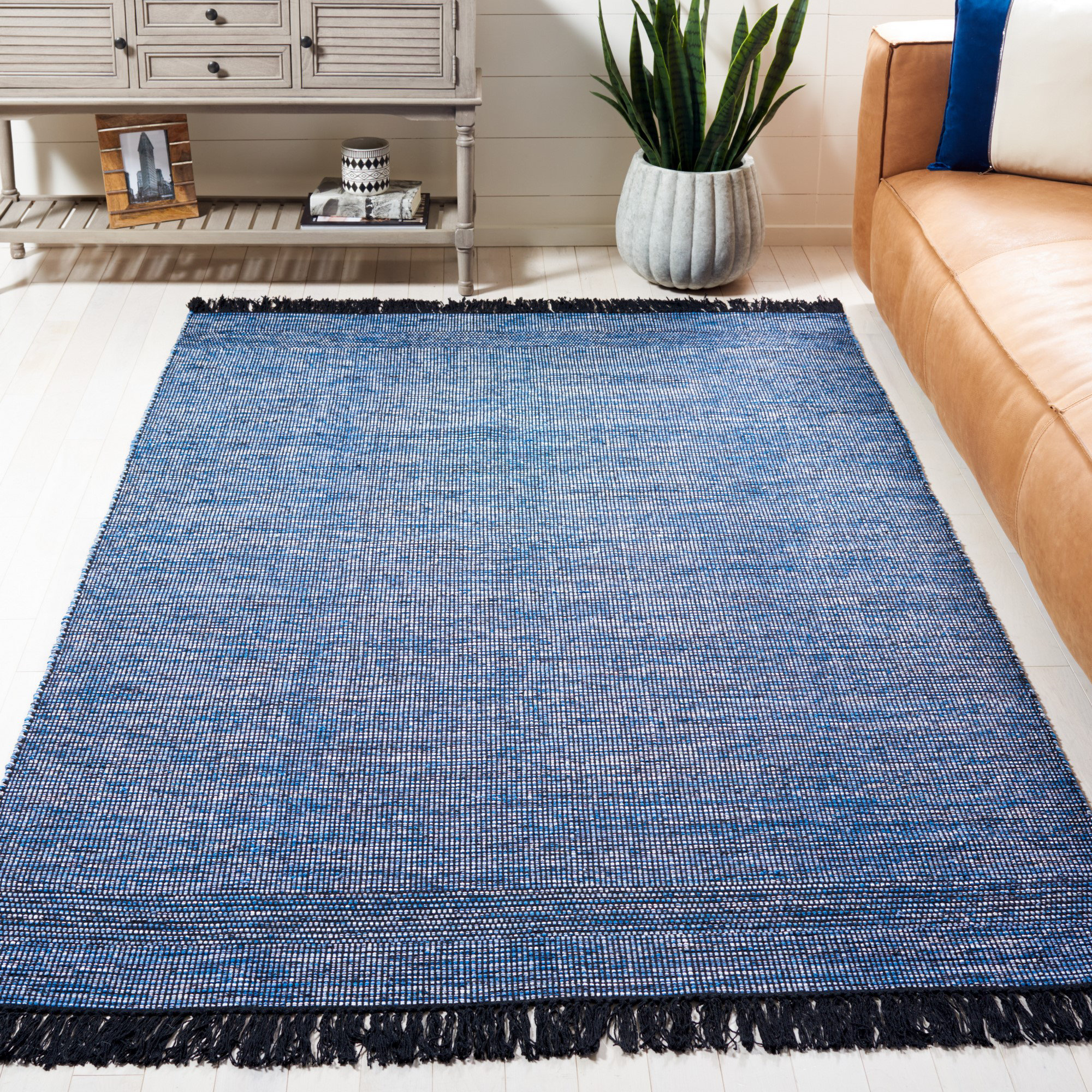 Highland Dunes Lincoln Handmade Flatweave Cotton Blue/Black Rug | Wayfair