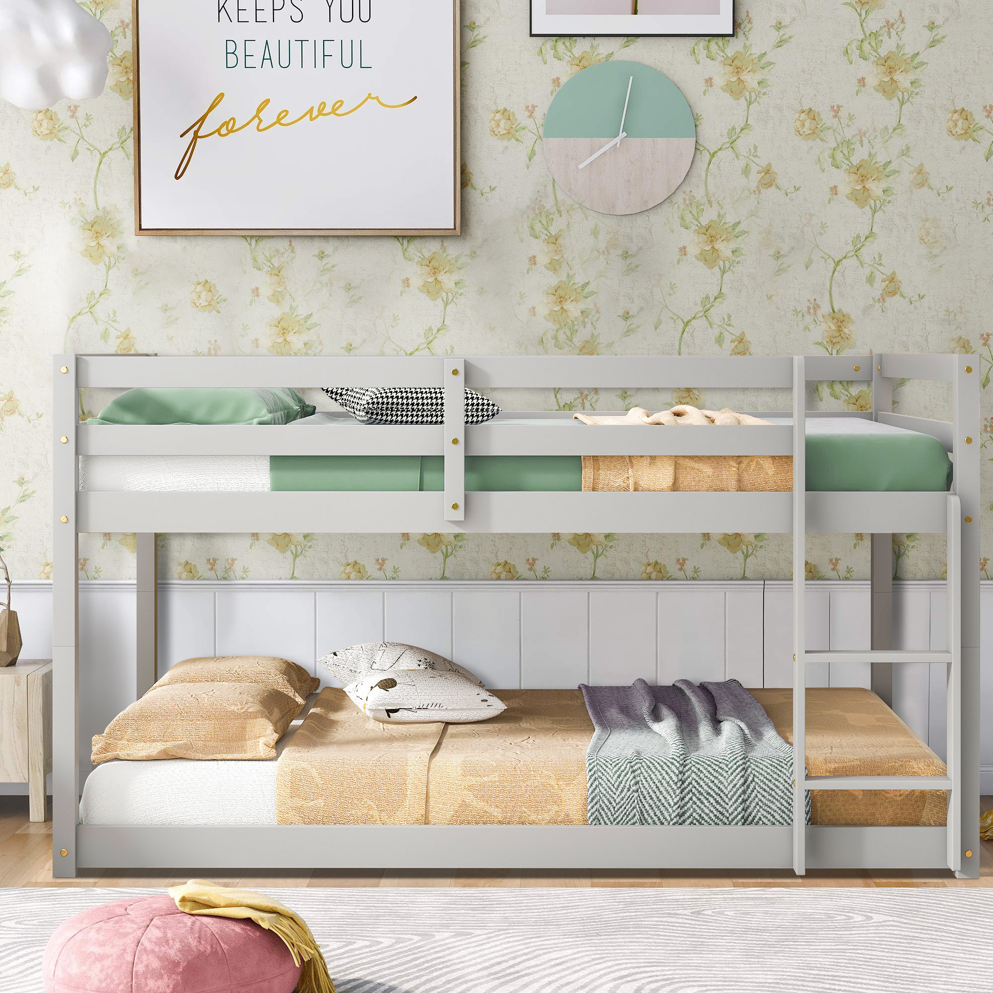 Harriet Bee Wood Twin Over Twin Floor Bunk Bed with Ladder, Twin Size ...