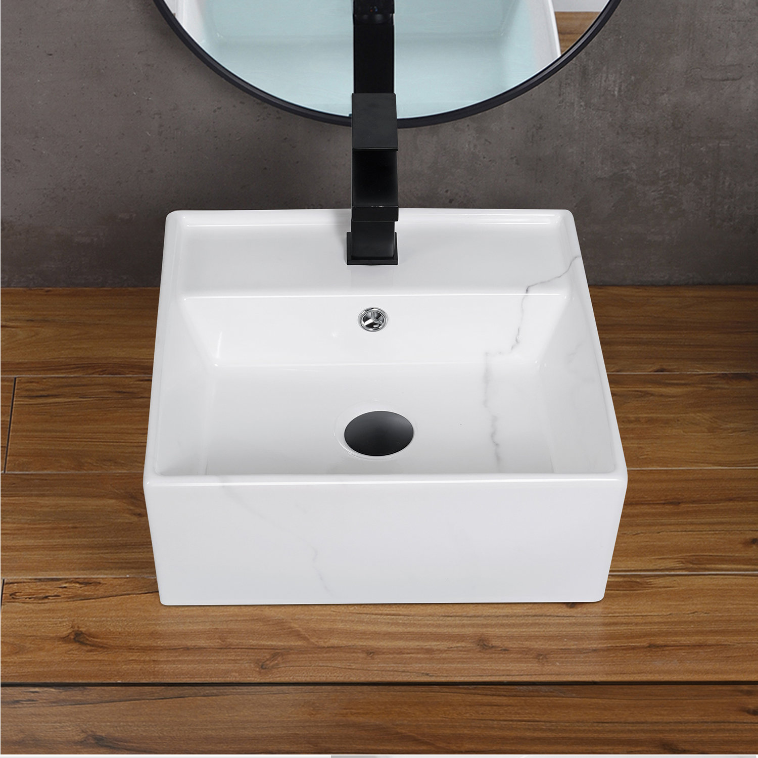 ANDVIN 16'' x 16'' Ceramic Square Vessel Bathroom Sink with Marble Look ...