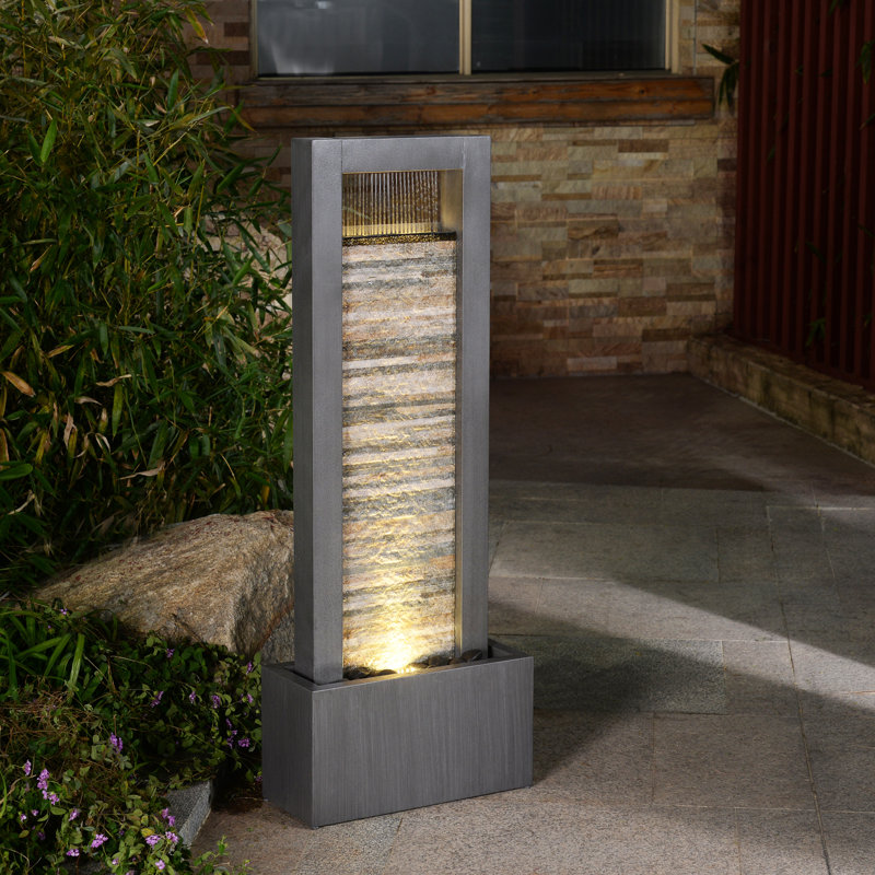 Versatile Zen Metal Fountain with Stone Brick Accent Color: Gray
