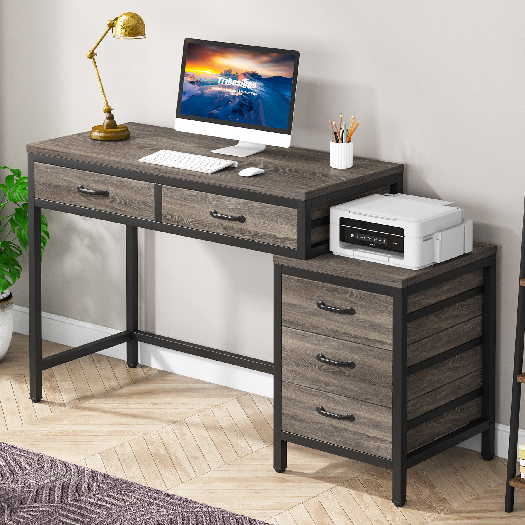 17 Stories 51''W Reversible Desk with Drawers | Wayfair