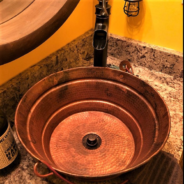 SimplyCopper 15" Copper Vessel Bucket Bathroom Sink with Decorative ...