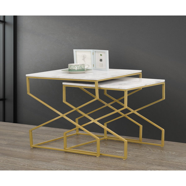 Brassex 2 Piece Nesting Table Set, White/Gold | Wayfair