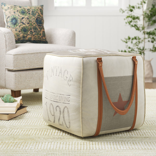 Sand & Stable Cream Canvas Pouf with Leather Handles 21" x 21" x 19 ...
