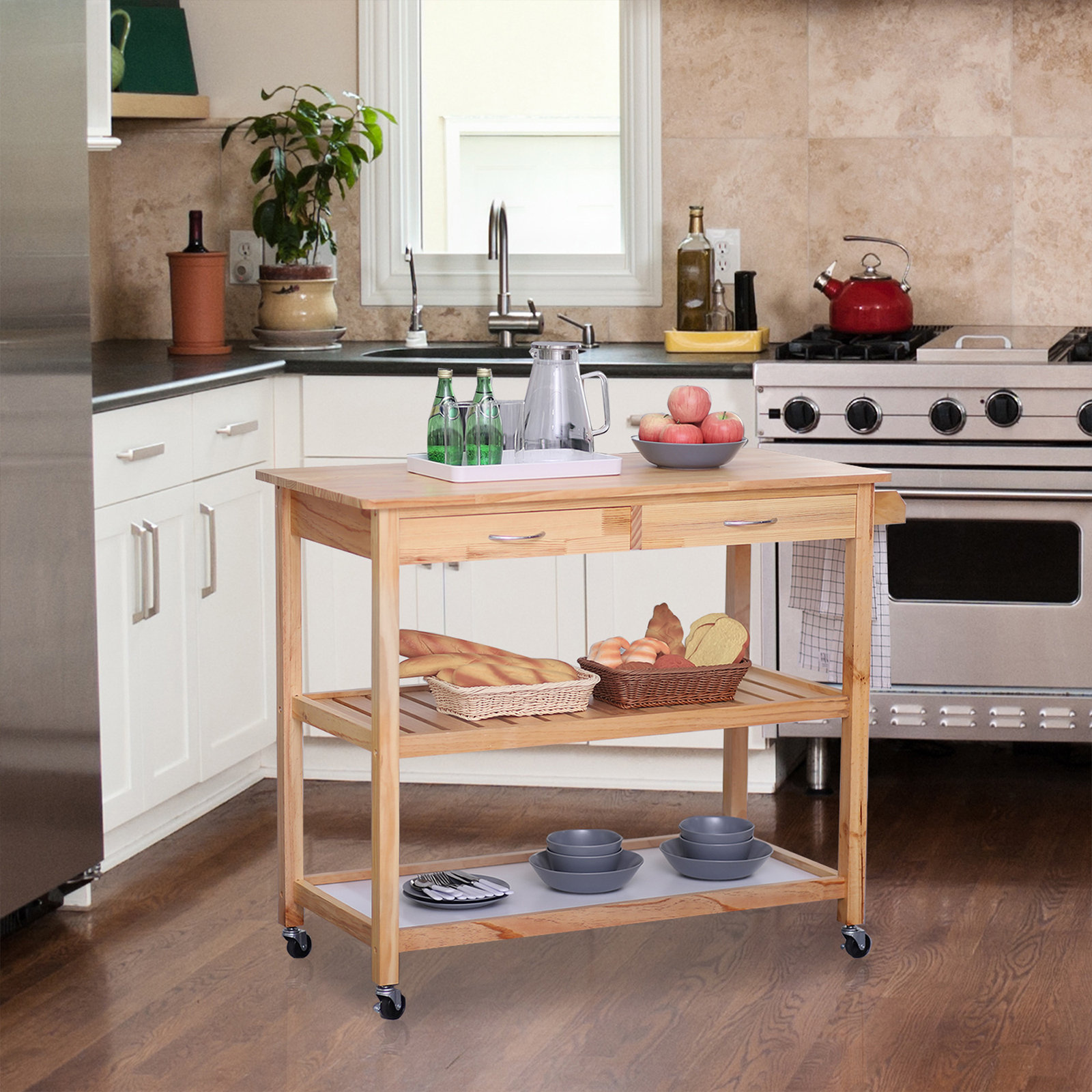 Millwood Pines Rupert 42.5'' Wide Rolling Kitchen Cart with Solid Wood ...