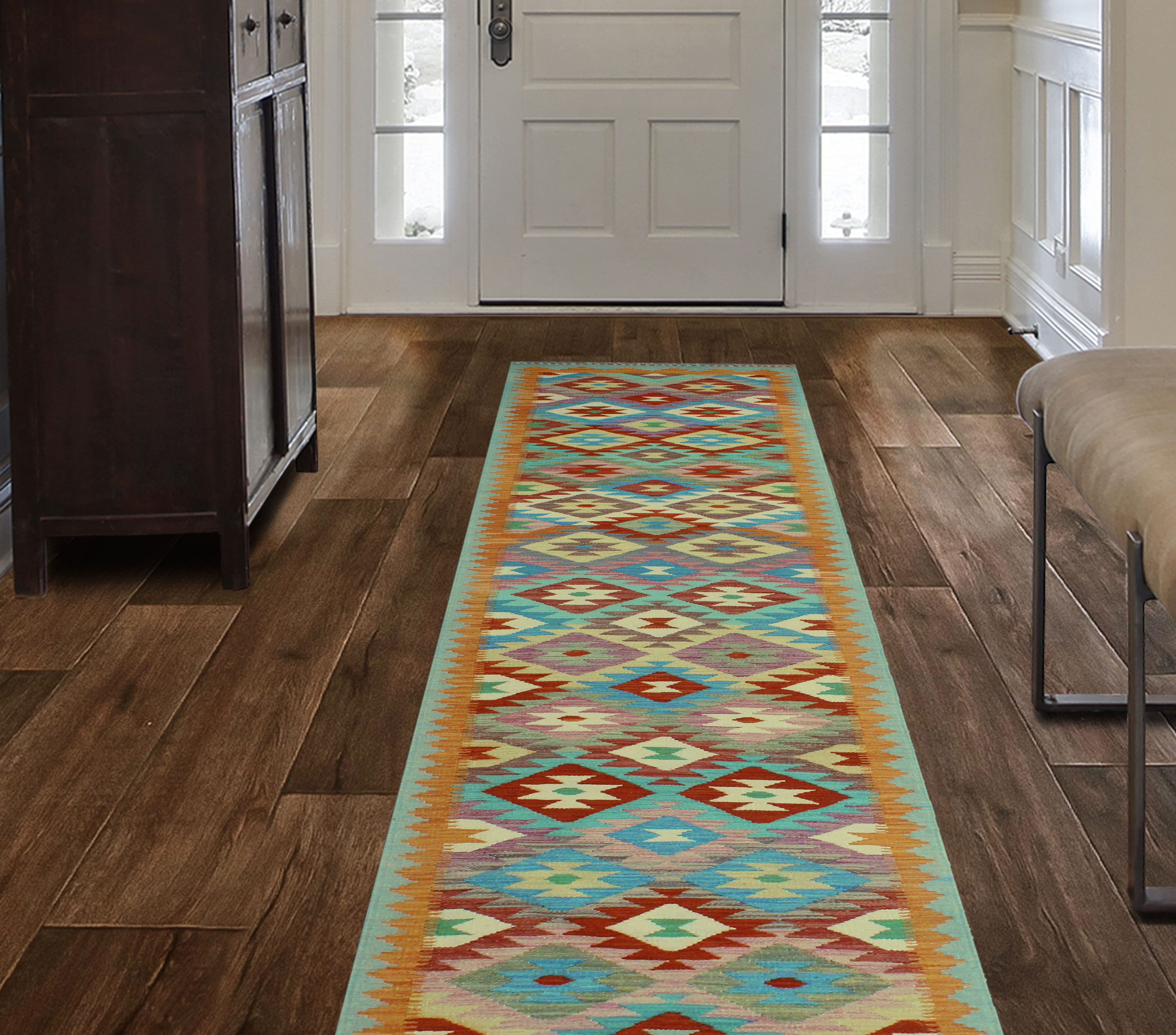 Foundry Select Bobbee Handmade Kilim Wool Rust/Green/Blue Rug | Wayfair