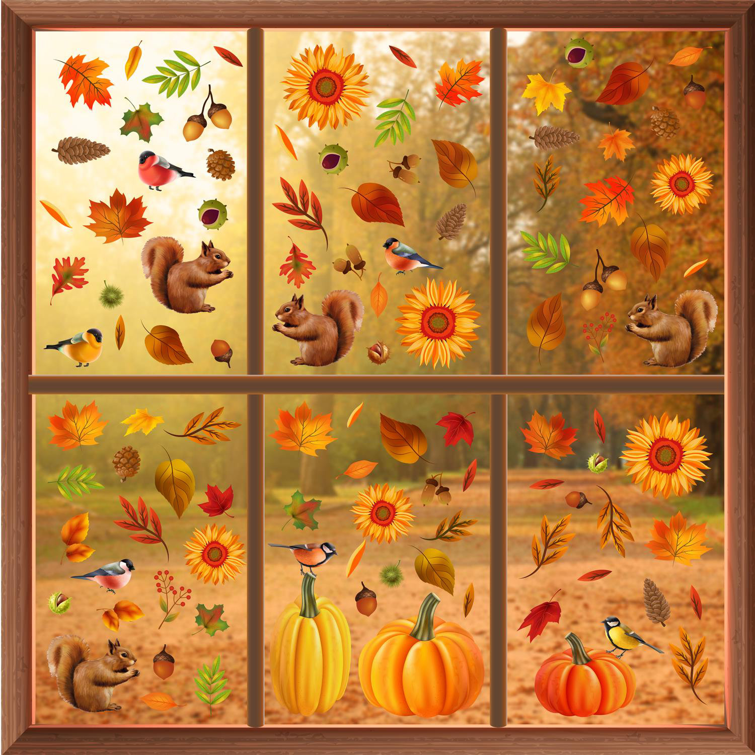 Walplus Clings Autumn Leaves with Sunflowers and Squirrels Window Decal ...