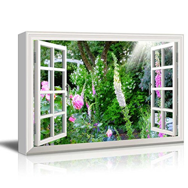 IDEA4WALL Window Scenery Wild Flowers in Spring - Wrapped Canvas ...